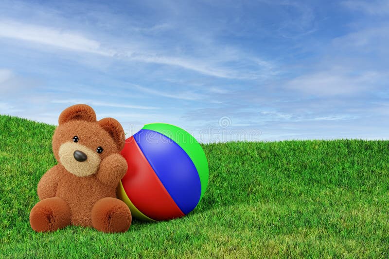 3d Render Illustration of Stuffed Toy Bear Playing Ball on a Grass ...