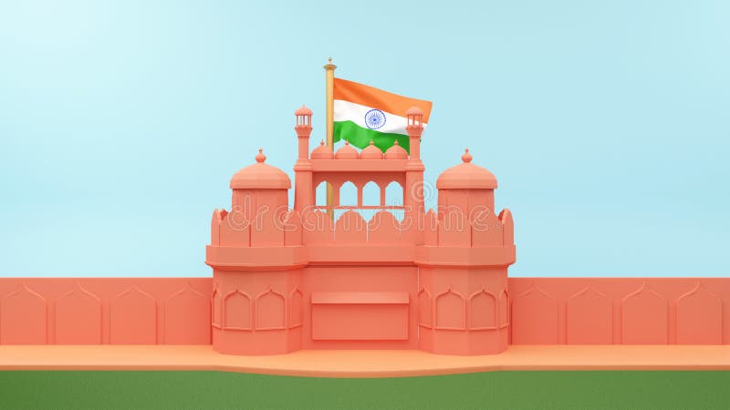 3D Render of India Flag Behind Red Fort Monument on Light Turquoise and ...
