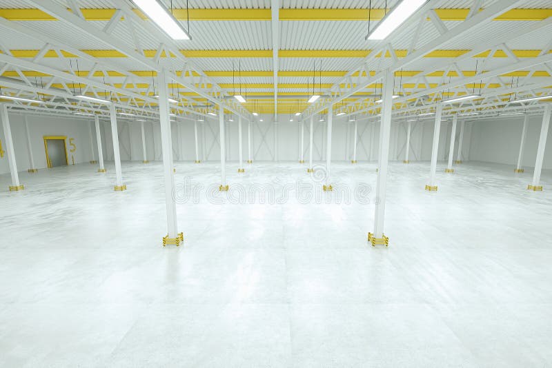 3D Render Industrial Empty Warehouse Factory Light Room. Automobile ...