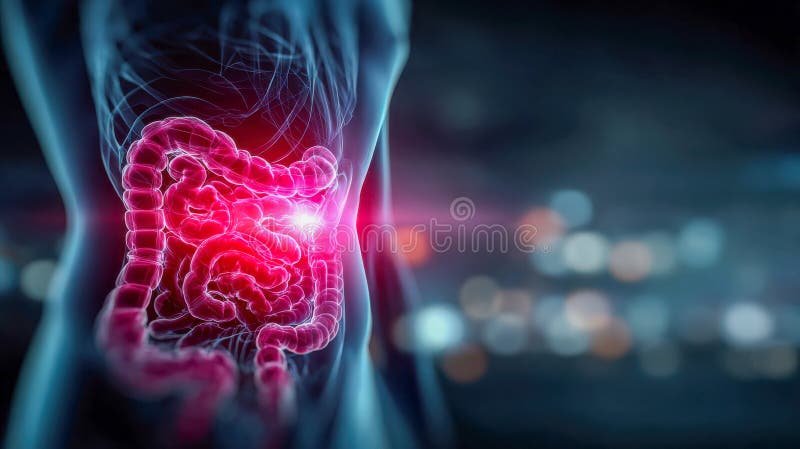 3D Render of Inflamed Intestines Glowing Red Inside a Transparent Human ...
