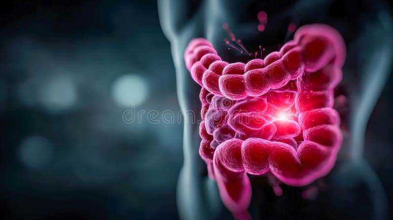3D Render of Inflamed Intestines Glowing Red Inside a Transparent Human ...