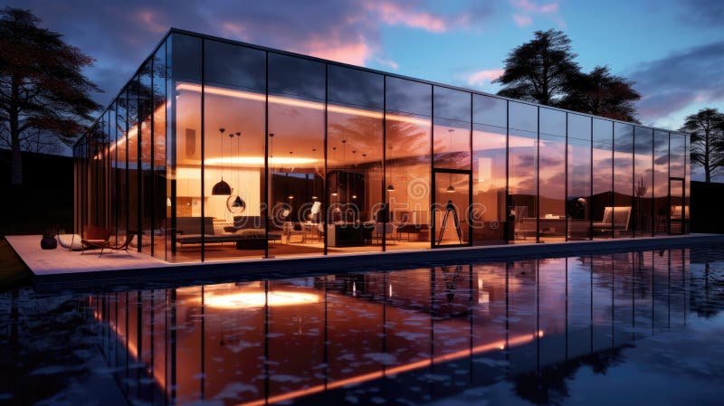 3D Render Interactive Smart Glass House with Mood Lighting. Generative ...