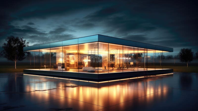 3D Render Interactive Smart Glass House with Mood Lighting. Generative ...