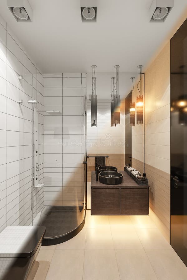 3d Render Interior Design of the Bathroom with a Corner Shower Stock ...