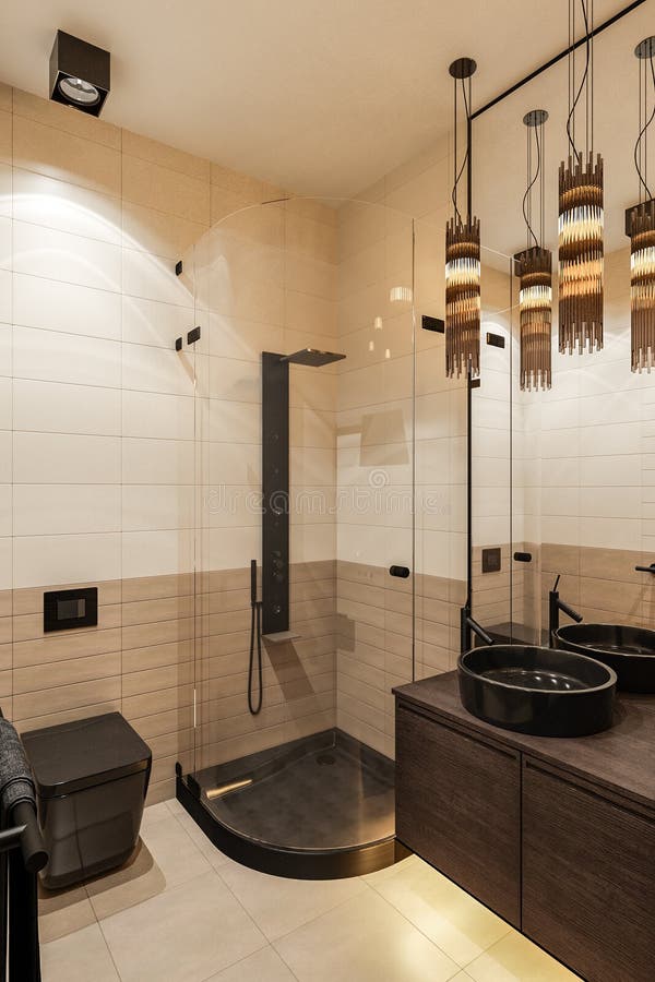 3d Render Interior Design of the Bathroom with a Corner Shower Stock ...