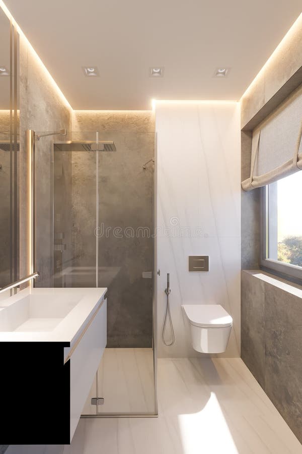 3d Render Interior Design of the Bathroom with Glass Walk in Shower ...
