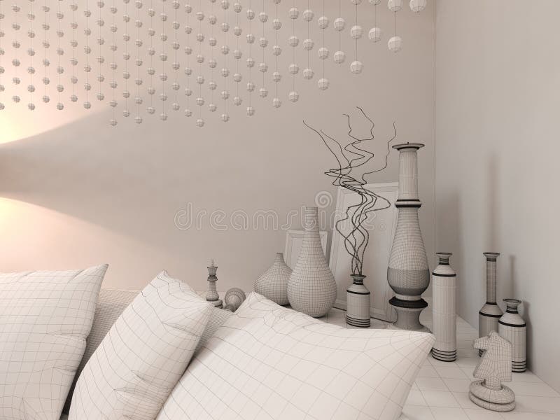 3d Render Interior Design Bedroom Displayed in the Polygon Mesh. Stock ...