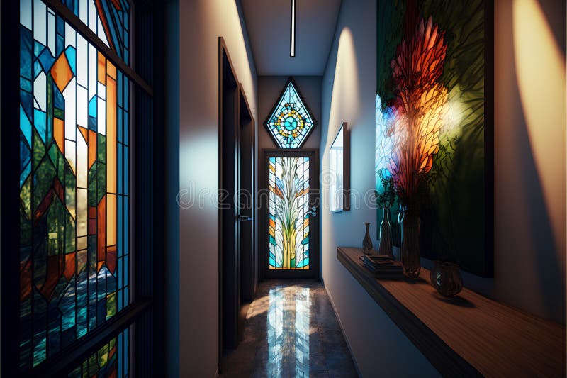 3d Render Interior Design of a Room with Stained Glass Window. Stock ...