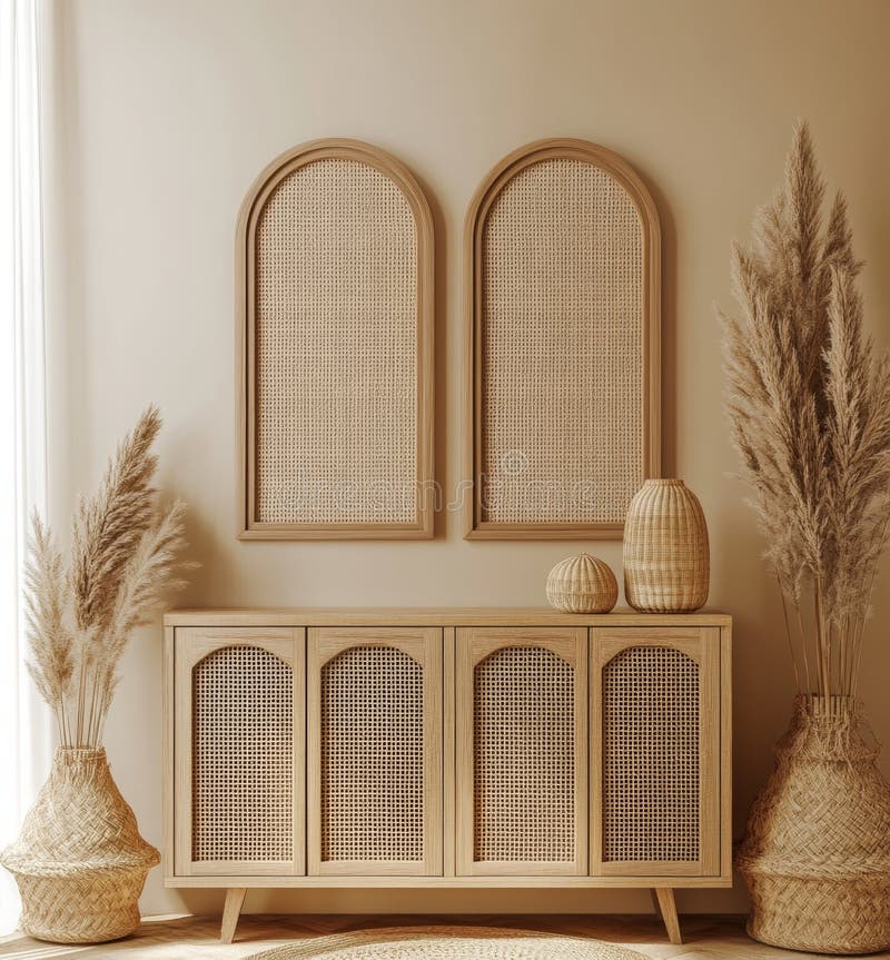 3D Render of the Interior of a Home with Boho Decor and Rattan ...