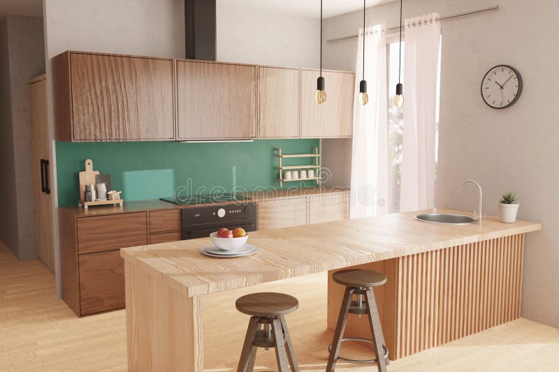 3D Render Interior Kitchen, Wooden Cabinets, Dining Table, Decorations ...