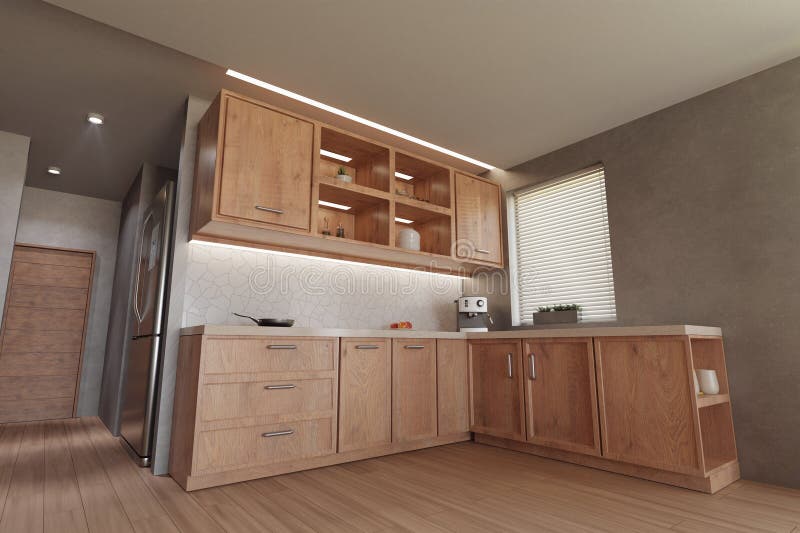 3D Render Interior Kitchen, Wooden Cabinets, Dining Table, Decorations ...