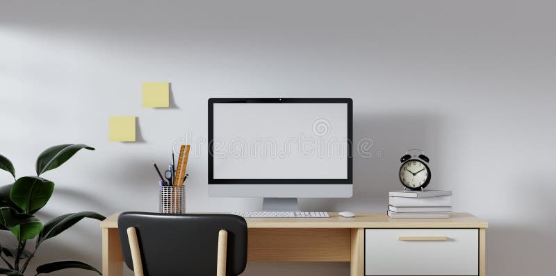 3D Render of Interior Modern Living Room Workspace with Desk and ...