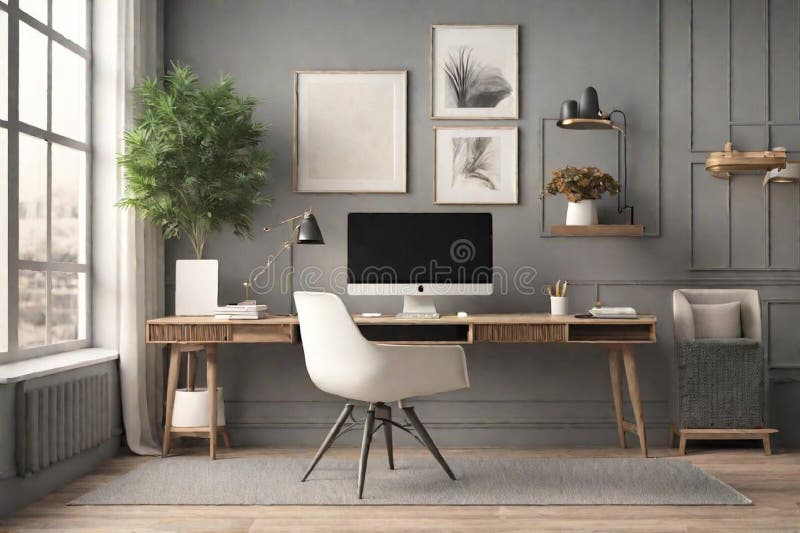 3D Render of Interior Modern Living Room Workspace with Desk and ...