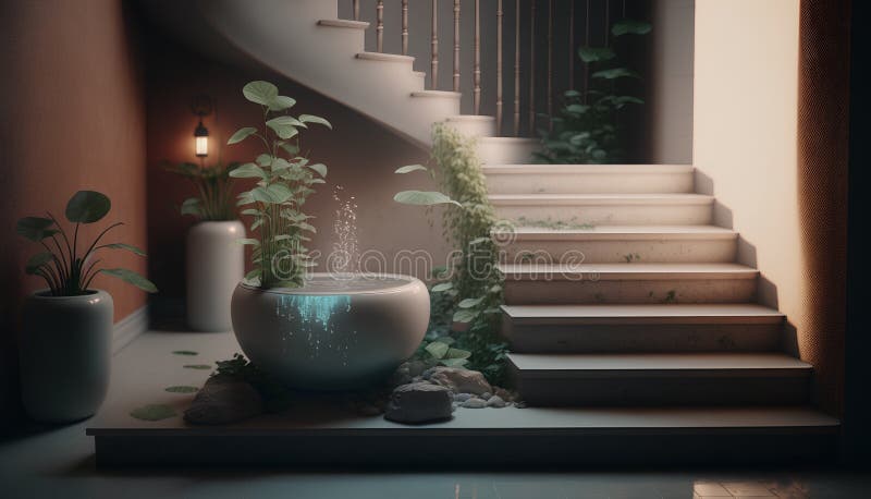 3d Render, Interior of Modern Room with Stairs and Plants. Stock ...