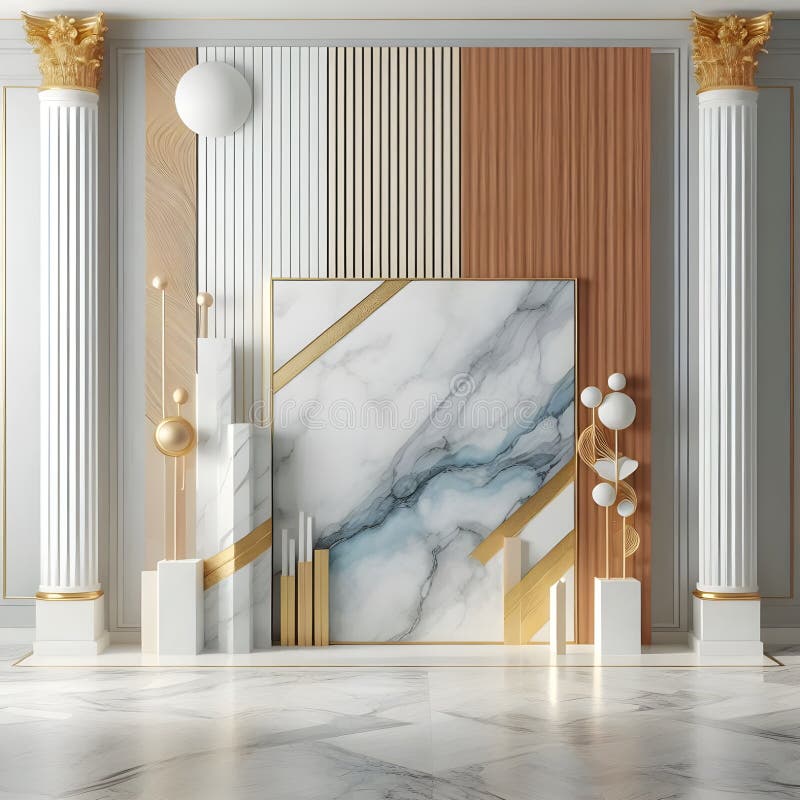 3d Render Interior Wall Podium Wood and Marble Stock Illustration ...