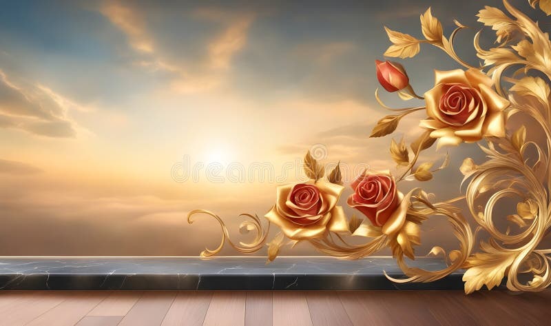 3d Render Interior Wall Sunset and Flowers Roses Red and Gold Stock ...