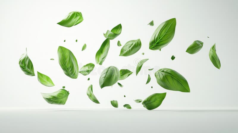 8K Realistic 3D Render of Falling Basil Leaves on White Background ...