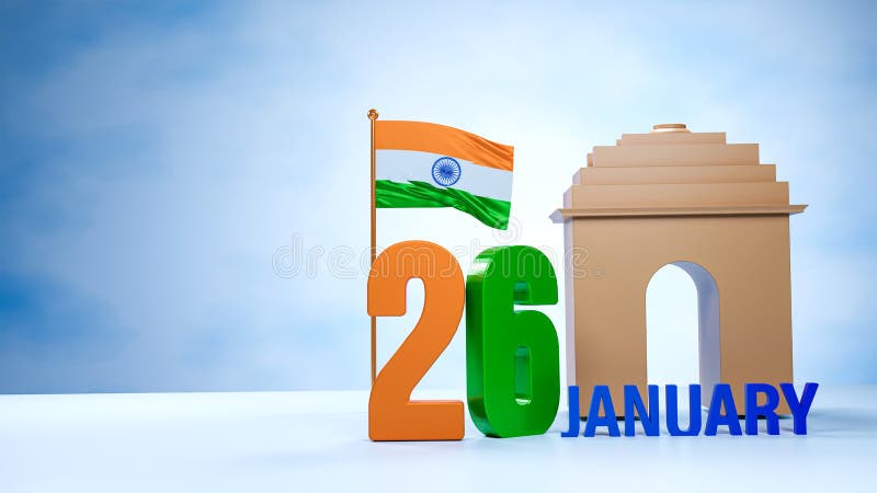 3D Render of 26 January Text with National Flag, India Gate Monument on ...