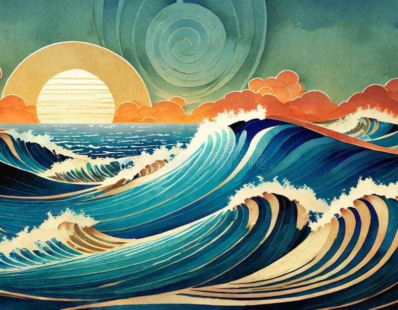 3D Render Japanese Graphic Sea Waves Stock Illustration - Illustration ...