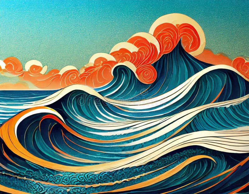 3D Render Japanese Graphic Sea Waves Stock Illustration - Illustration ...