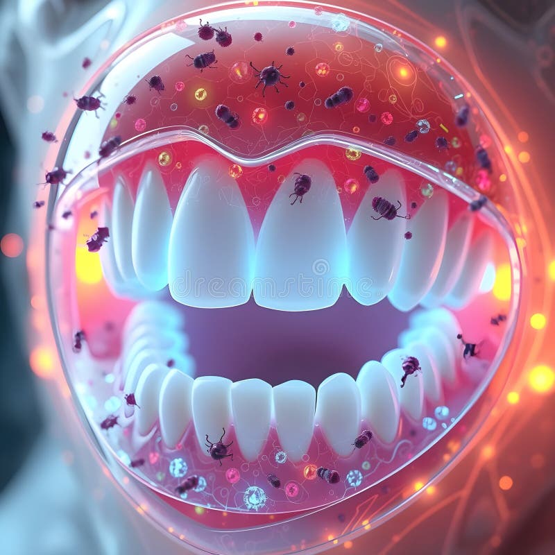 3d Render of Jaw with Teeth and Plaque in Front of Virus Cells Stock ...