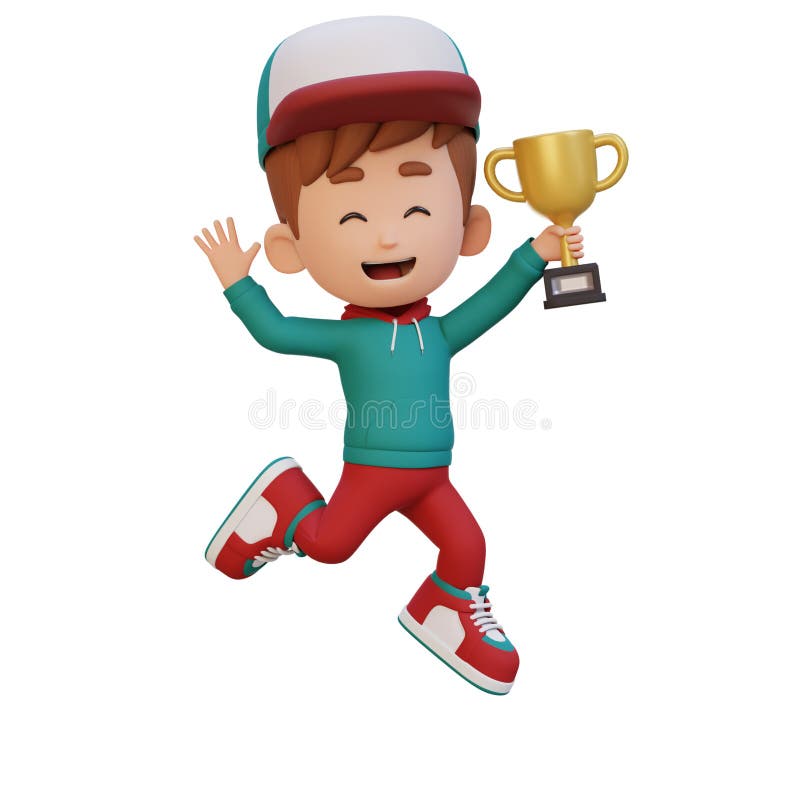 3D Kid Character Celebrating Win Holding a Trophy Stock Image ...