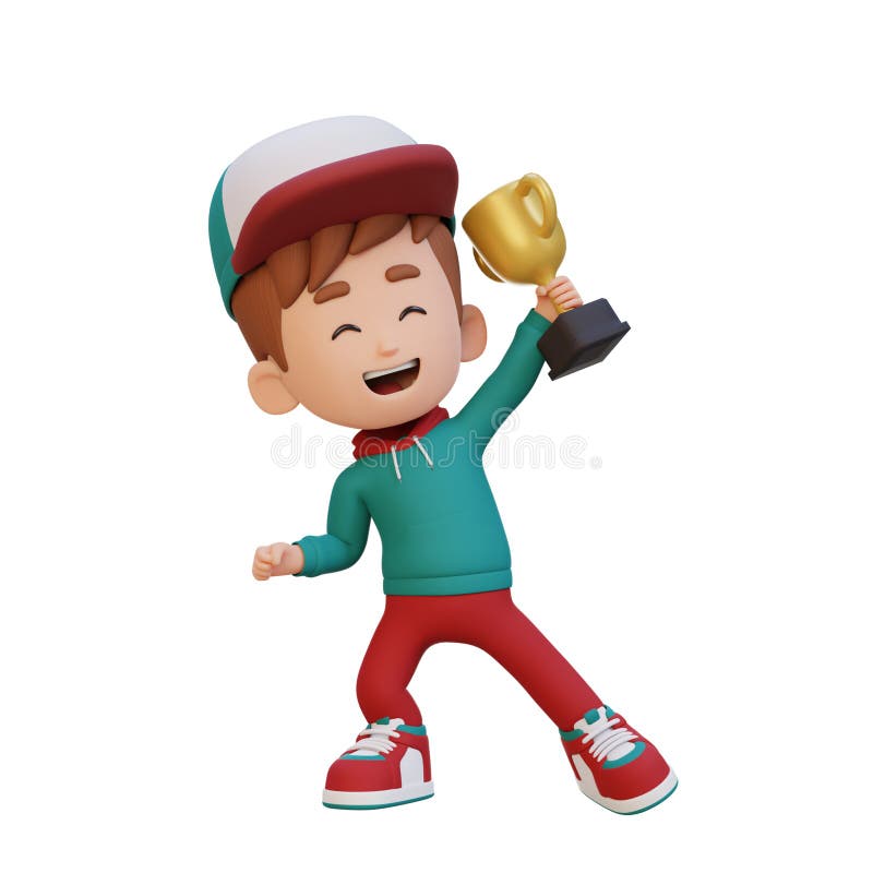 3D Kid Character Celebrating Win Holding a Trophy Stock Photo ...