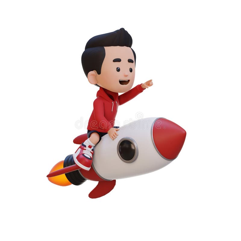 3D Kid Character Riding a Rocket and Pointing Hand Stock Photo ...