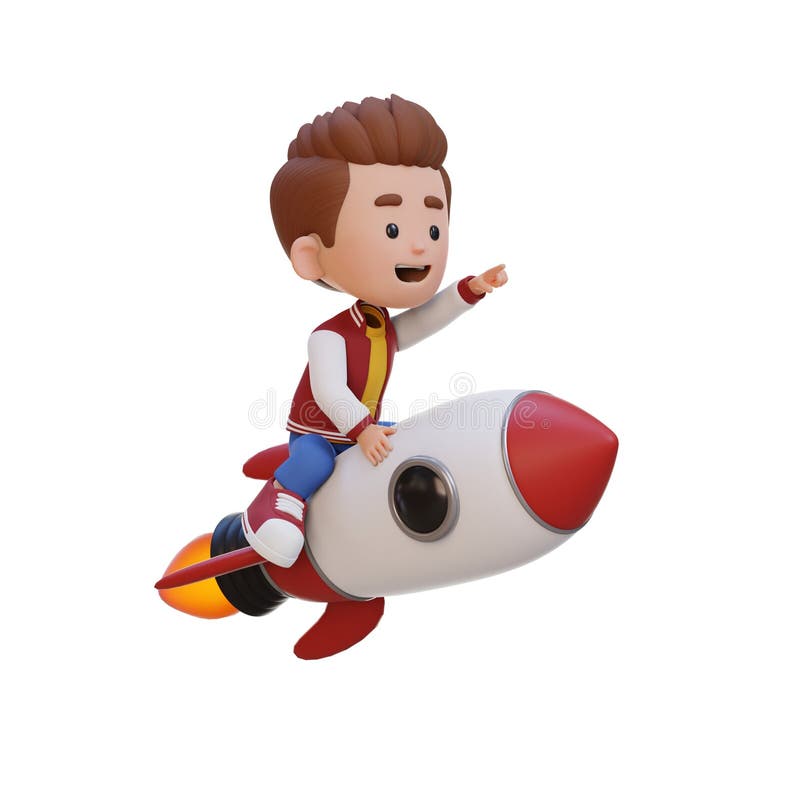 3D Kid Character Riding a Rocket and Pointing Hand Stock Image ...