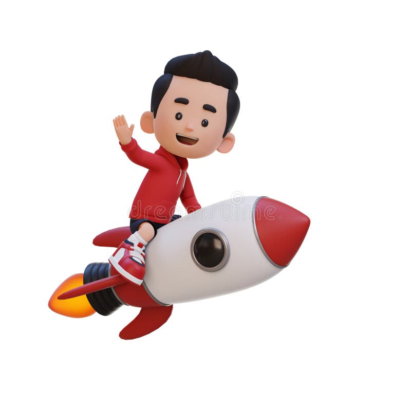 3D Kid Character Riding a Rocket and Waving Hand Stock Image ...