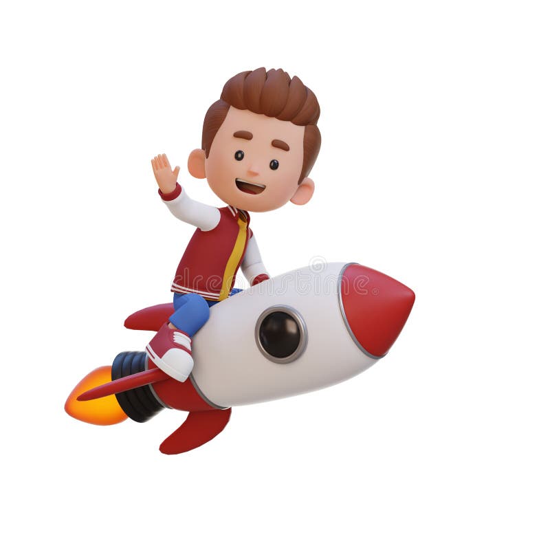 3D Kid Character Riding a Rocket and Waving Hand Stock Photo ...