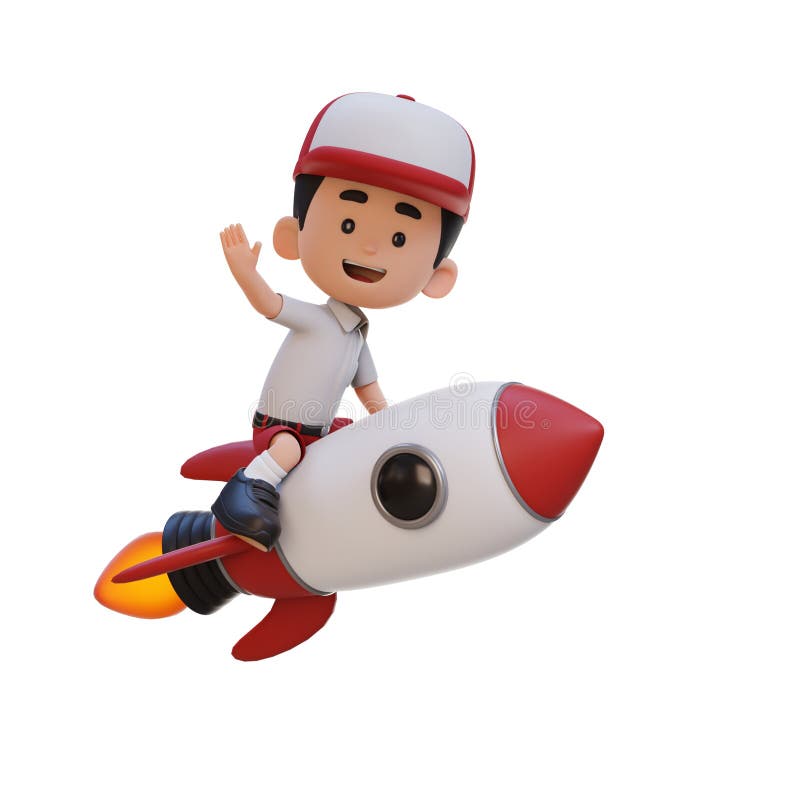 3D Kid Character Riding a Rocket and Waving Hand Stock Photo ...