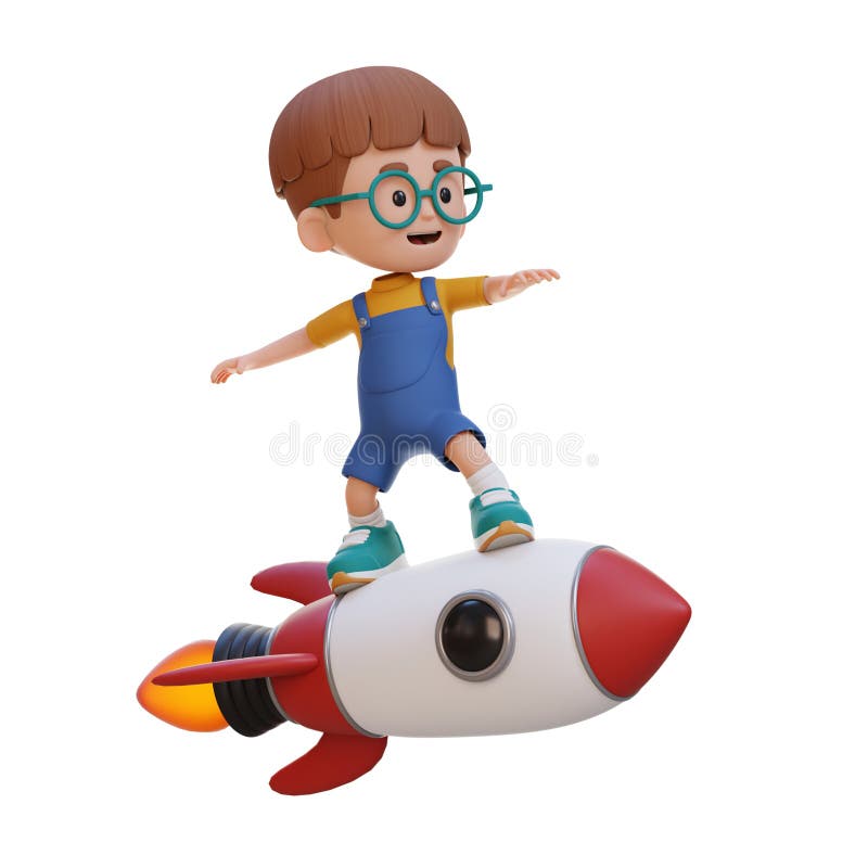 3D Kid Character Standing Riding a Rocket Stock Photo - Illustration of ...