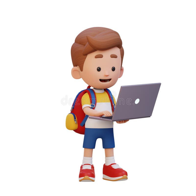 3D Kid Character Working on a Laptop Stock Image - Illustration of ...