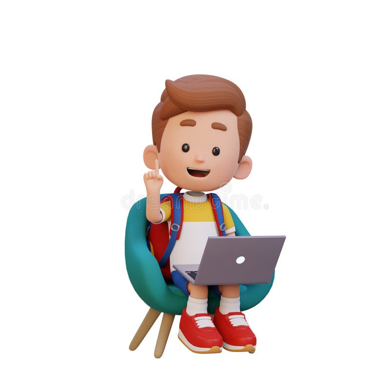 3D Kid Character Working on a Laptop Stock Image - Illustration of ...