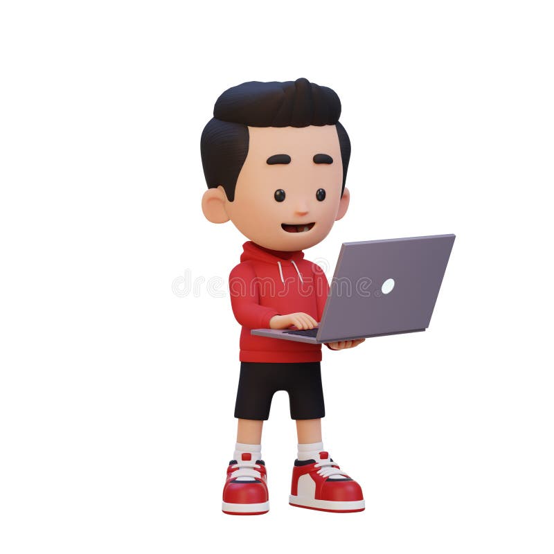 3D Kid Character Working on a Laptop Stock Image - Illustration of ...