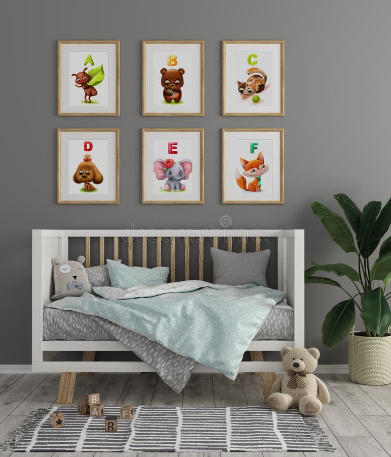 3d Render Kids Room with Photo Frames Stock Illustration - Illustration ...
