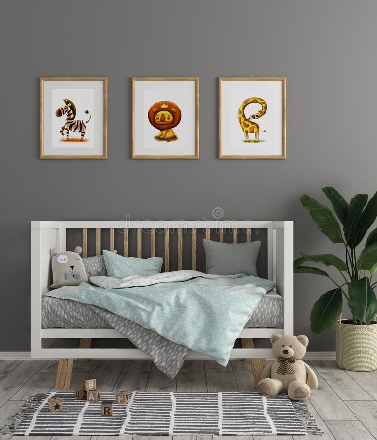 3d Render Kids Room with Photo Frames Stock Illustration - Illustration ...