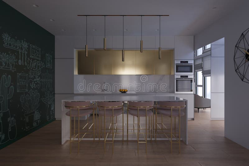 3D Render of a Kitchen with Day Lighting Stock Illustration ...
