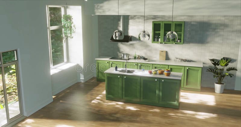 3d Render of Kitchen in Morning for Indoor Interior Design Concept ...