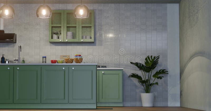 3d Render of Kitchen at Night for Indoor Interior Design Concept Stock ...