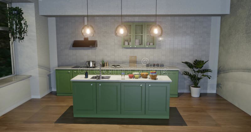 3d Render of Kitchen at Night for Indoor Interior Design Concept Stock ...