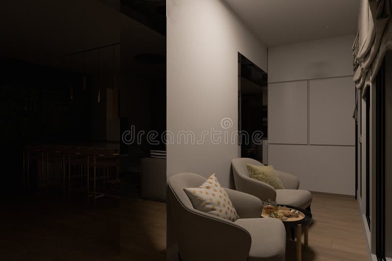 3D Render of a Kitchen Recreation Zone with Night Lighting. Stock ...