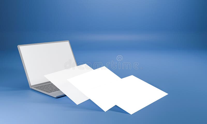 3D Render Laptop with Blank Floating Screens Mockup on Blue Stock ...