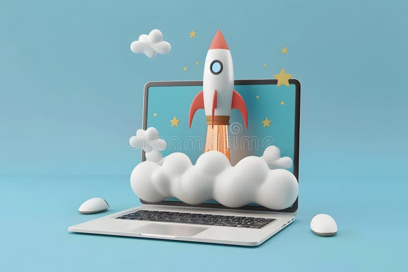 3D Render of Laptop Showing Rocket Launch for Business Startup - AI ...