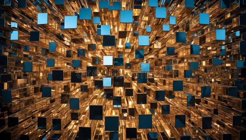 A 3D Render of a Large Array of Golden and Blue Cubes Arranged in a ...