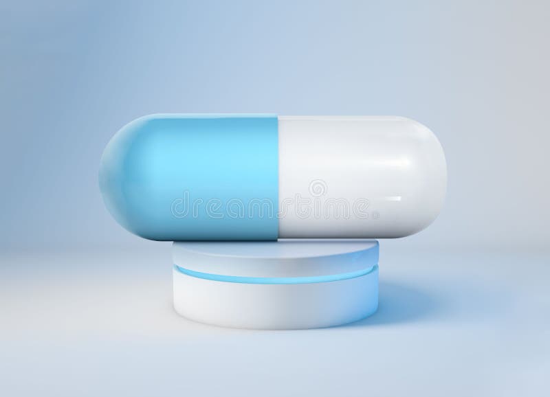 3D Render of a Large Blue White Medical Capsule on an Illuminated ...