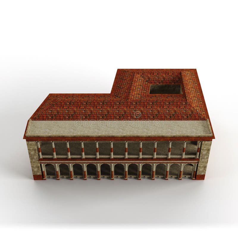 3D Render of a Large Brick Building with Red Terracotta Roof and ...