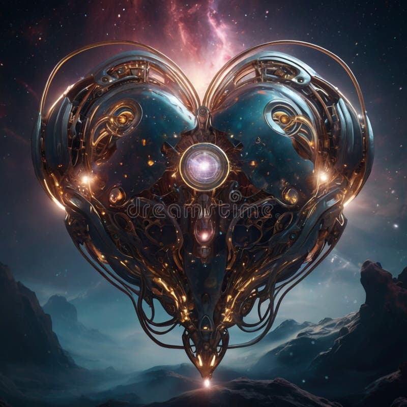 A 3D Render of a Large Mechanical Heart-shaped Device Floating in Space ...