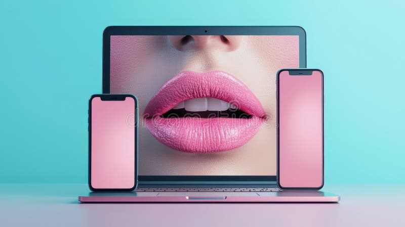 3D Render of Large Pink Lips Emerging from a Laptop Screen in a Modern ...